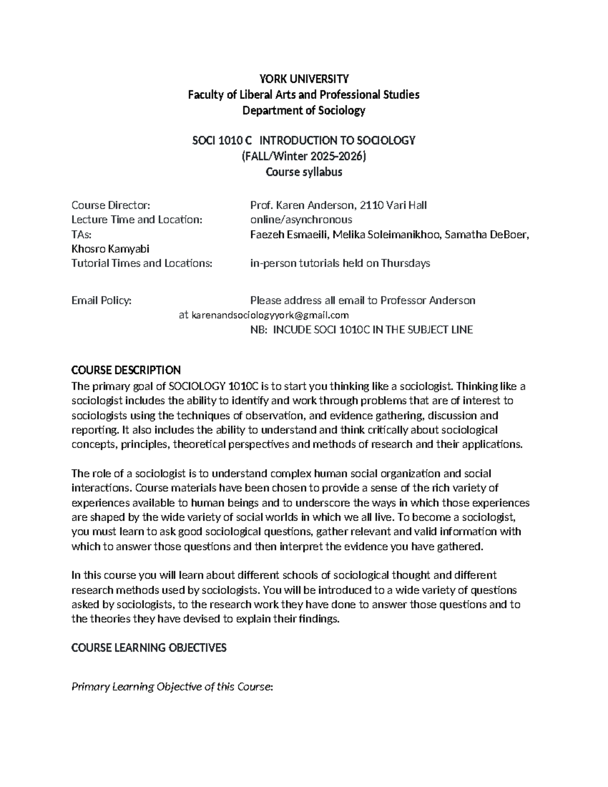 SOCI 1010C: Introduction to Sociology Course Syllabus and Overview ...