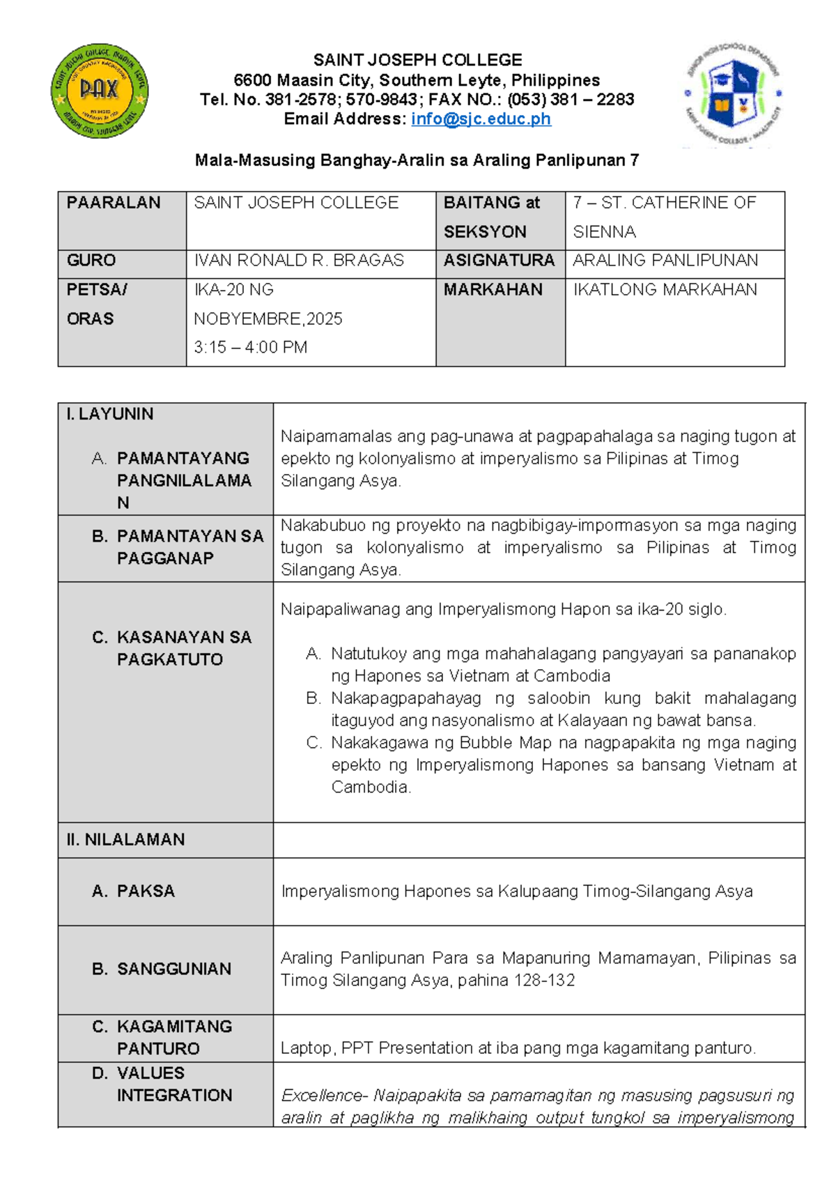 LP Bragas 10 - Lesson Plan on Japanese Imperialism in Asia - Studocu