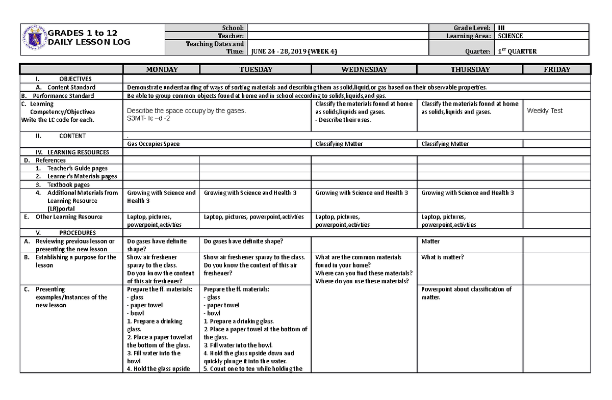 DLL Science 3 Q1 W4: Weekly Lesson Plan on Classifying Matter - Studocu