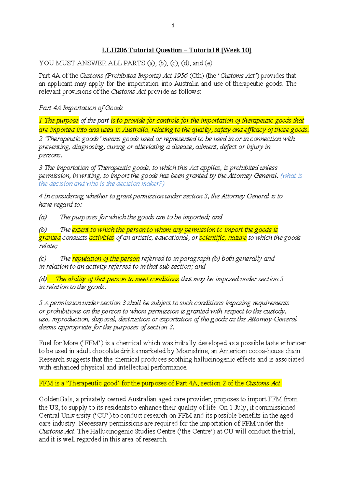 25 LLH206 Tutorial Questions - Importation of Therapeutic Goods - Studocu