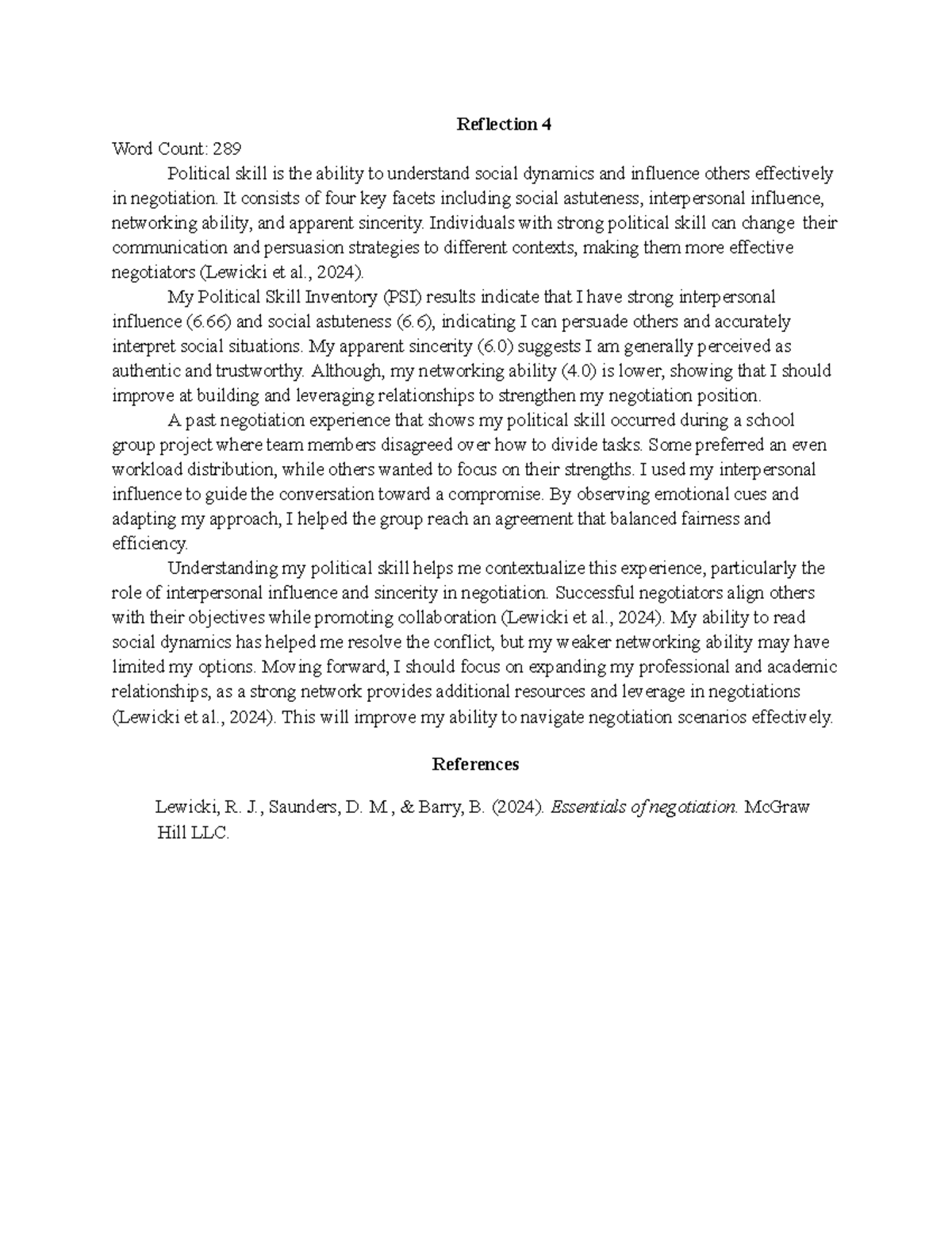 MGMT3200 - Reflection on Political Skill in Negotiation - Studocu