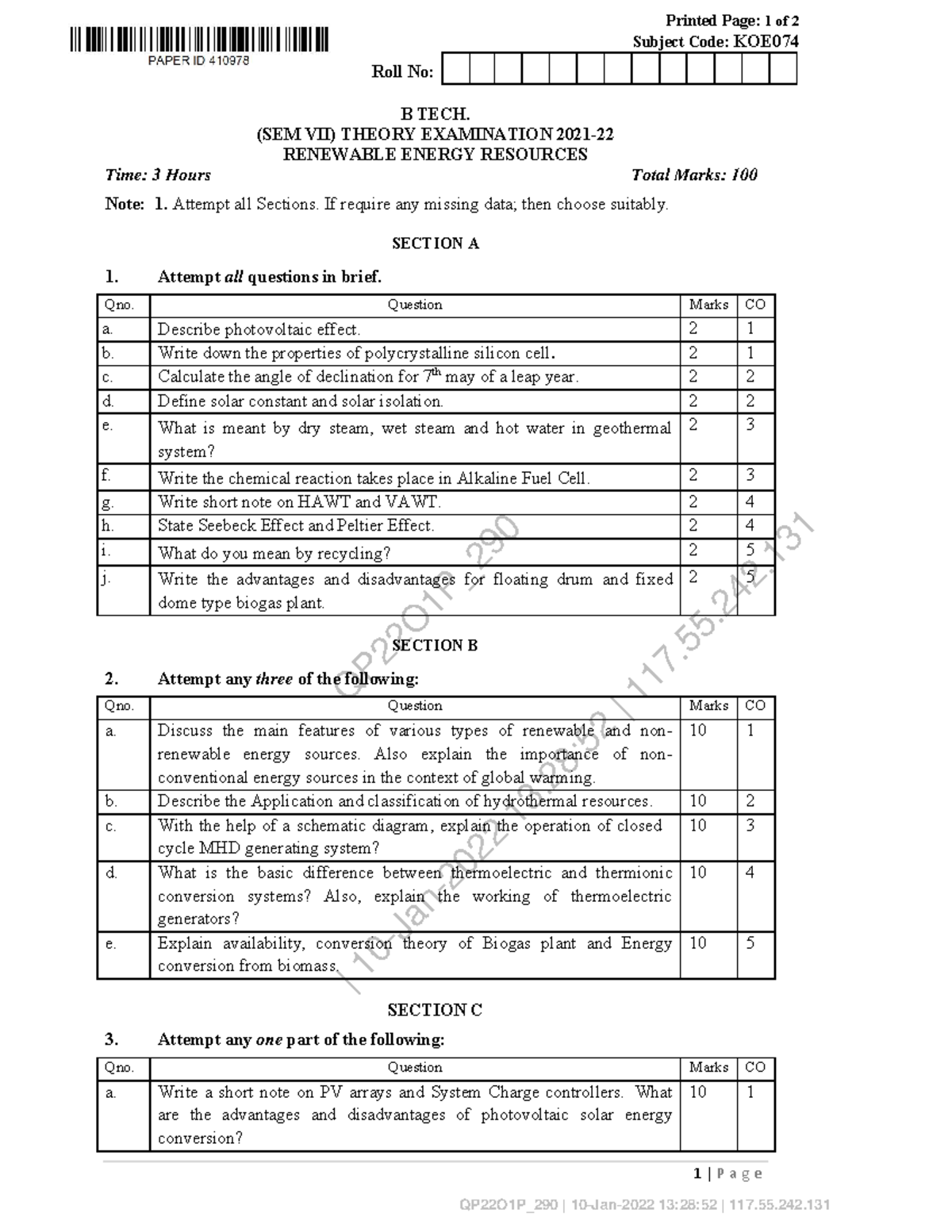 B.Tech 7th Sem Theory Exam - Renewable Energy Resources KOE074 2022 - Studocu