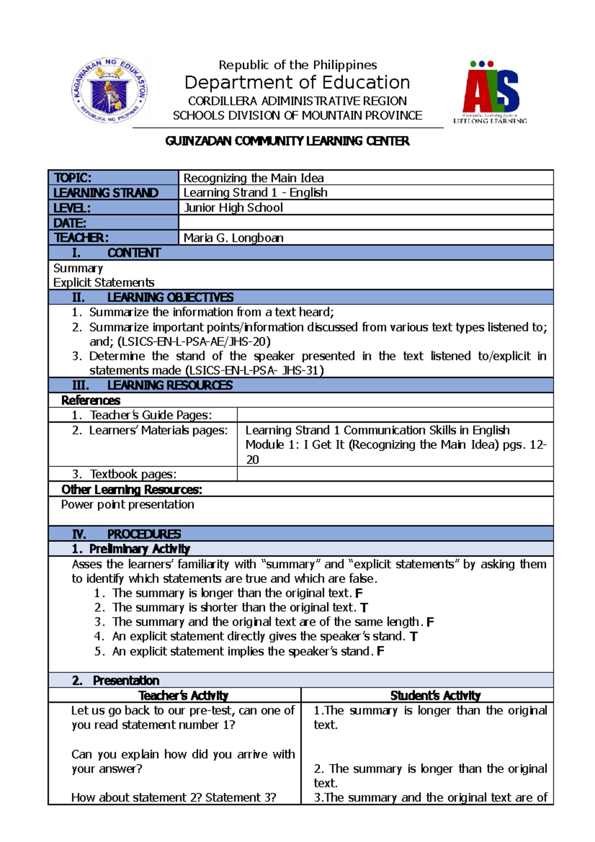 Lesson Plan on Lesson 2 - Republic of the Philippines Department of ...