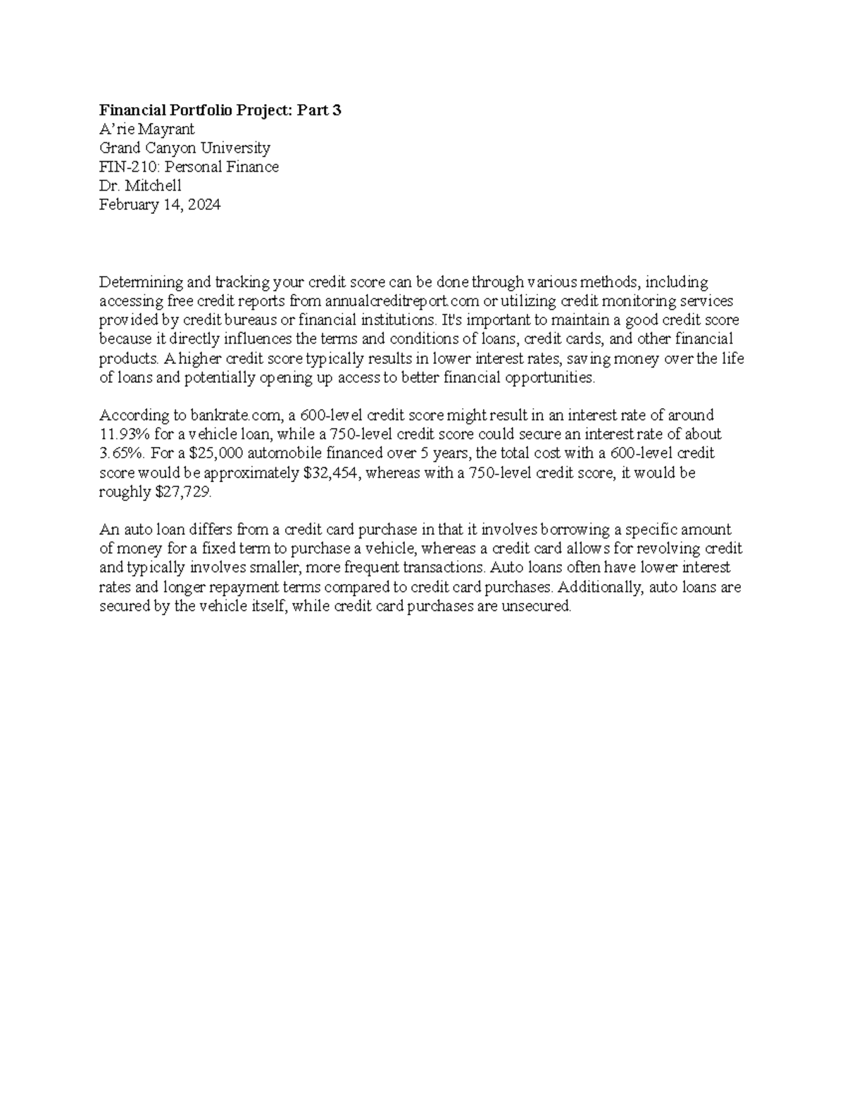 FIN-210 Financial Portfolio Project: Credit Score Importance Part 3 ...