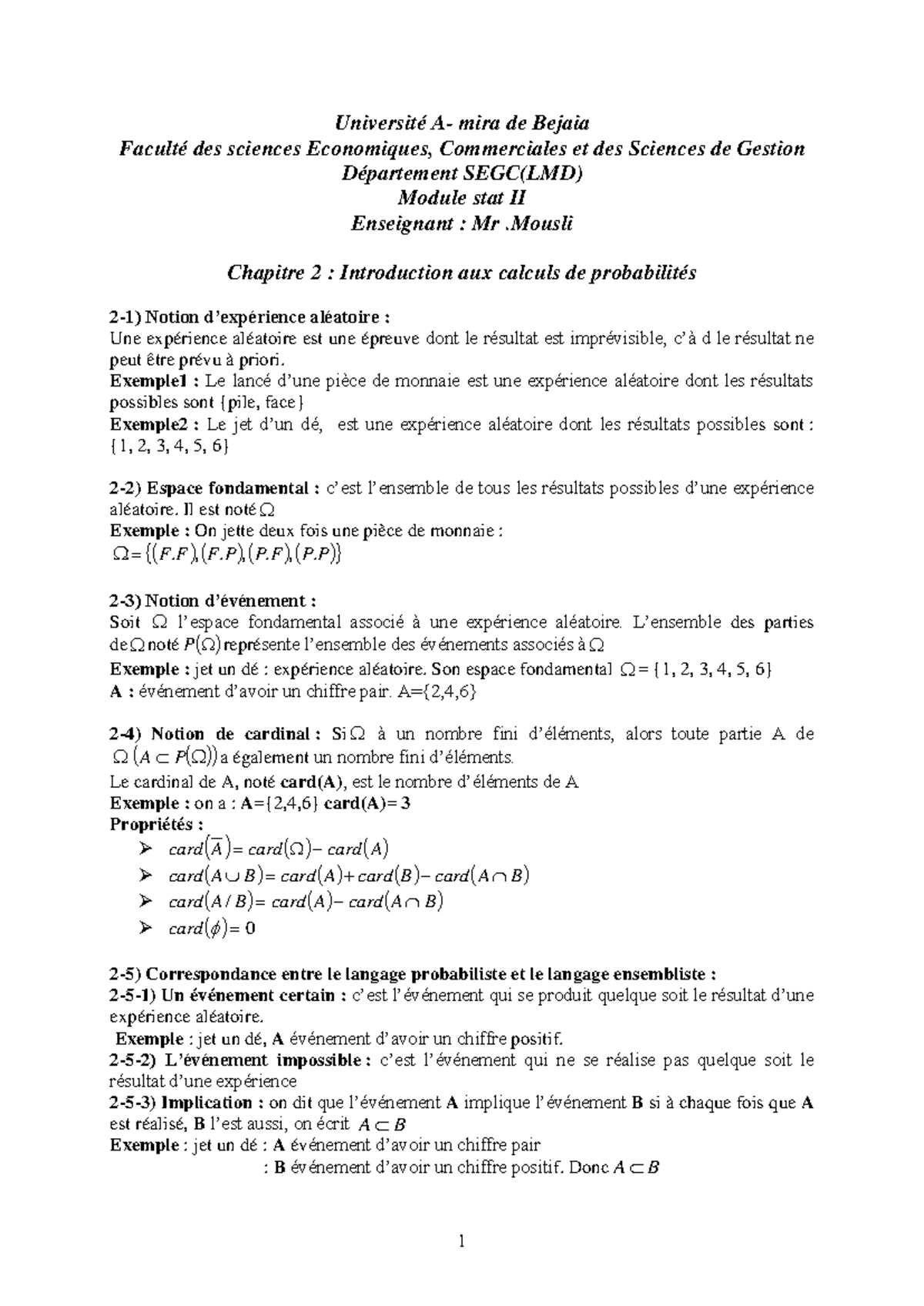 Chapitre 2 - Introduction aux Probabilités (Stat II) - Studocu