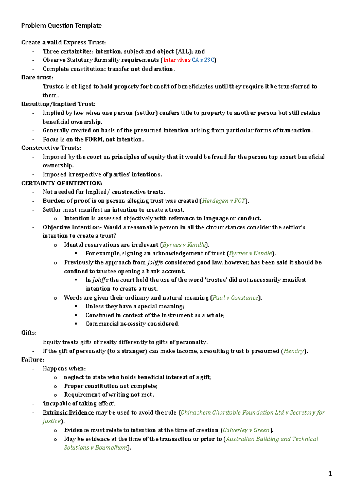 Trusts Summary Template for Law Course - Key Concepts & Definitions ...