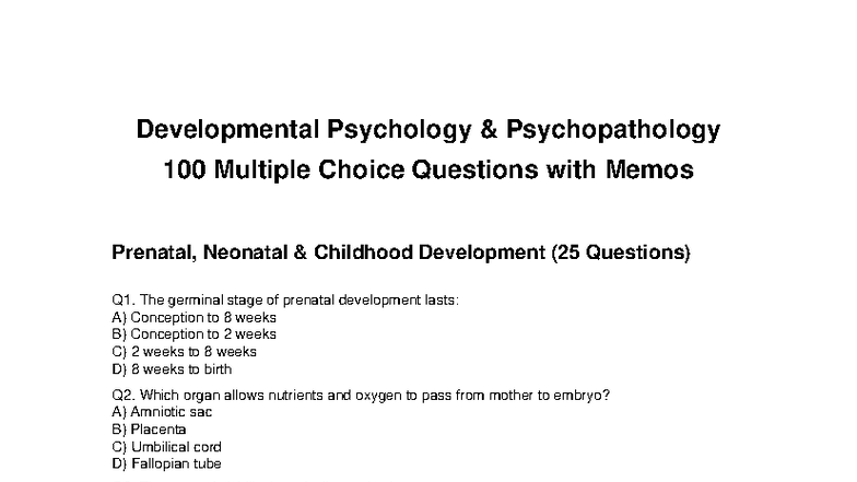 Developmental Psychology 100Q Quiz: MCQs on Prenatal to Psychopathology ...