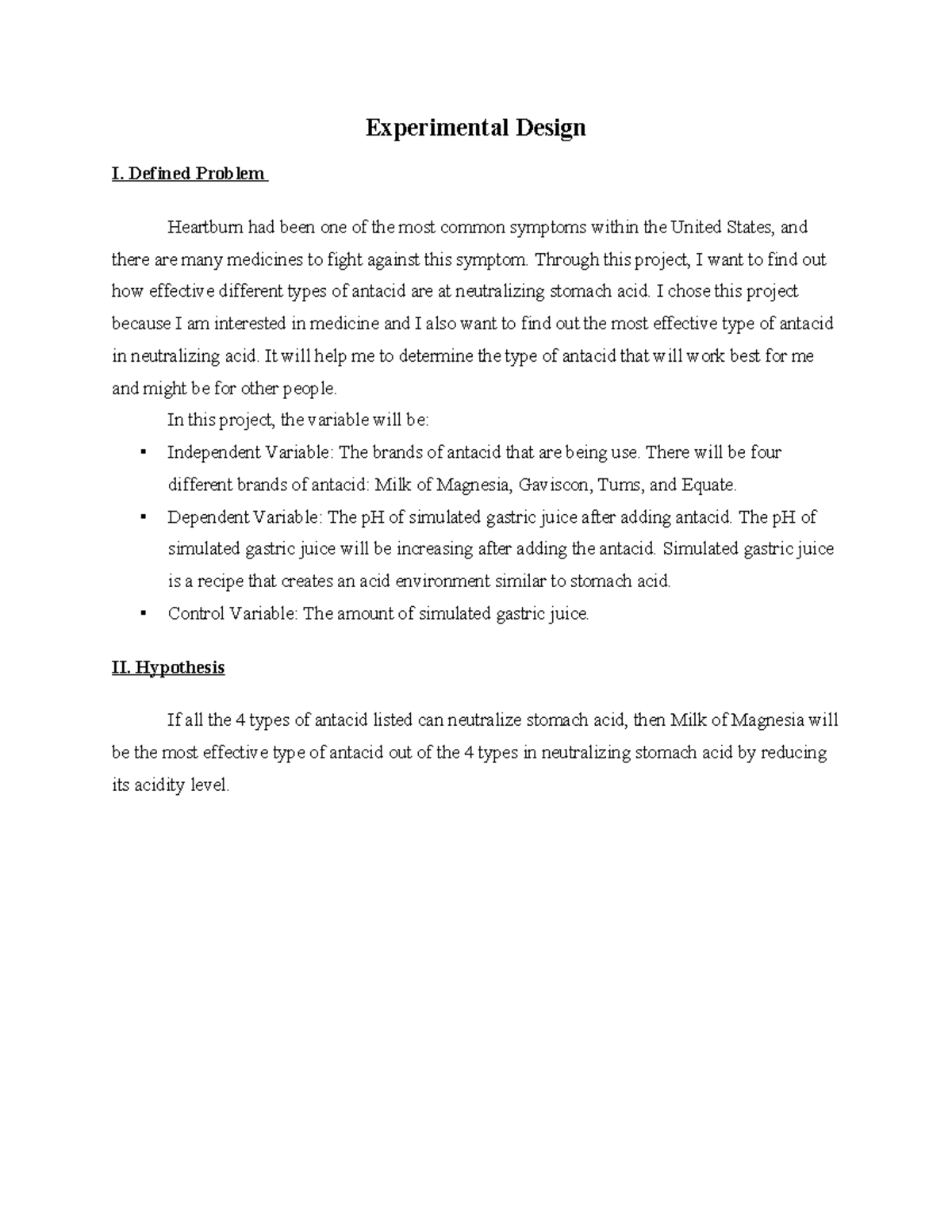 experimental design - Experimental Design I. Defined Problem Heartburn ...
