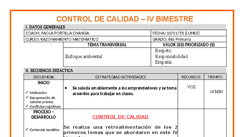 CONTROL DE CALIDAD IV BIMESTRE I: SECUENCIAS DIDÁCTICAS 6TO PRIMARIA ...