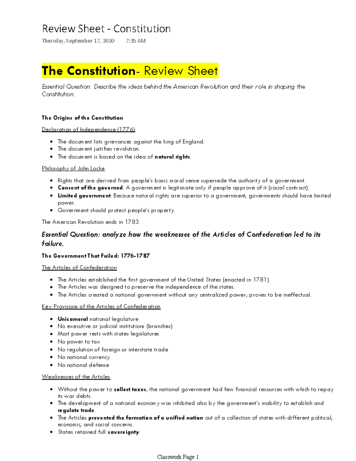 Review Sheet: Constitution Insights and Key Concepts - Studocu