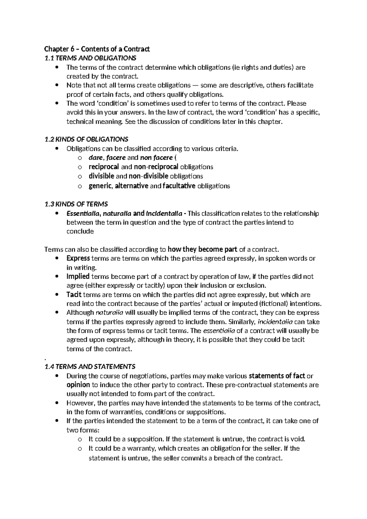 Chapter 6 - Summary of Contract Law Obligations and Terms - Studocu