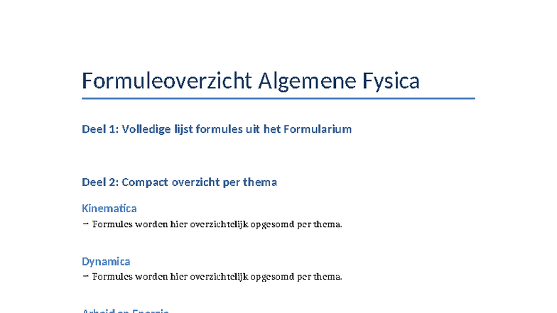Formuleoverzicht Algemene Fysica Deel 1: Compleet Thema-overzicht - Studocu