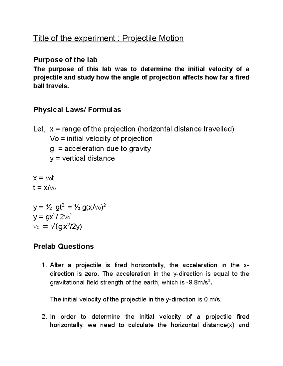Projectile Motion - Lab report - Title of the experiment : Projectile ...