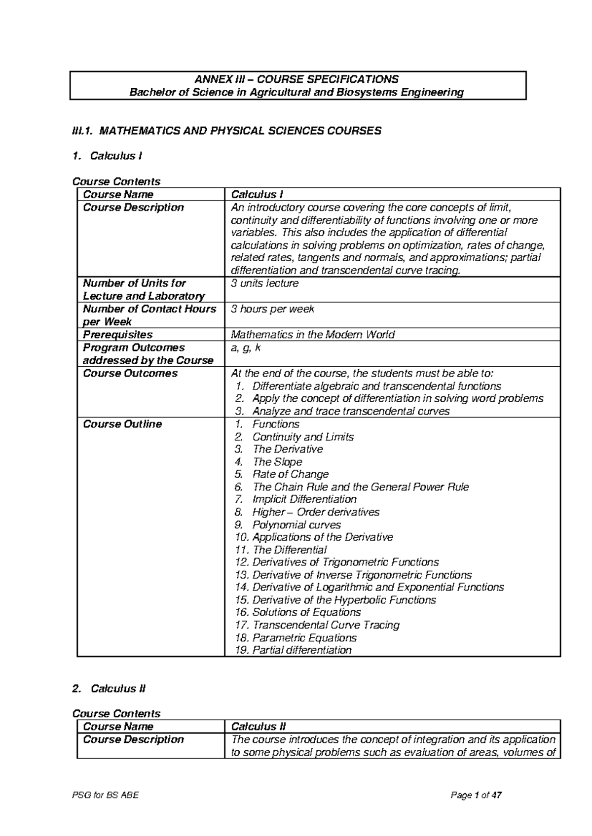 PSG for BS ABE Course Specifications: Mathematics & Physical Sciences ...