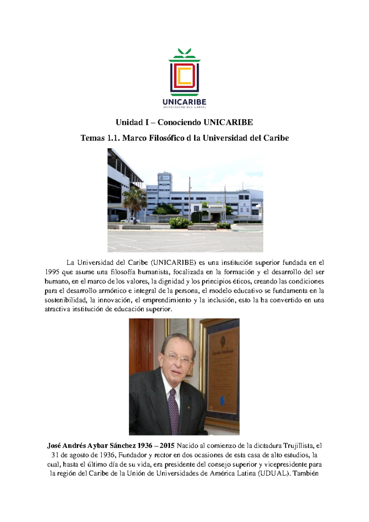 Marco Filosófico de UNICARIBE - Unidad I (Conoce UNICARIBE) - Studocu