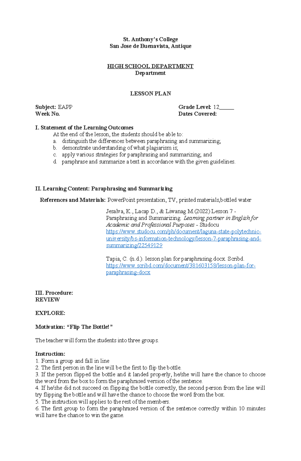 EAPP 12 Lesson Plan: Paraphrasing and Summarizing Strategies - Studocu