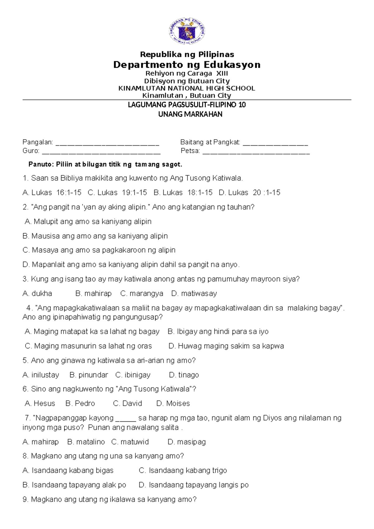 Pagsusulit sa Parabula: Ang Tusong Katiwala - Filipino 10 Unang ...