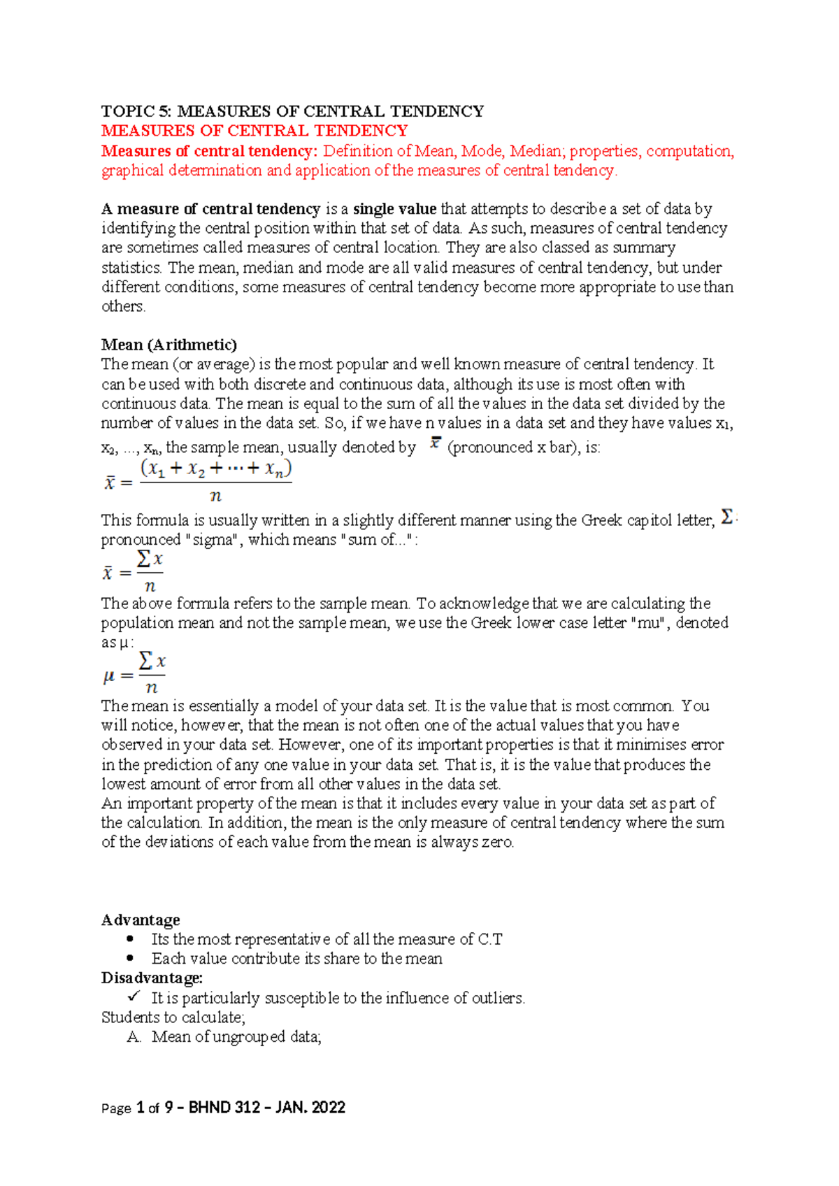 BHND 312 Biostatistics: Measures of Central Tendency Explained - Studocu