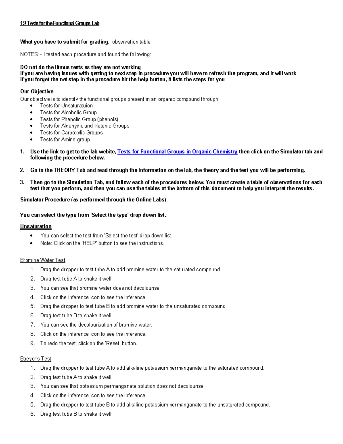 1.6.3 Organic Functional Group Test Lab: Procedures & Observations ...