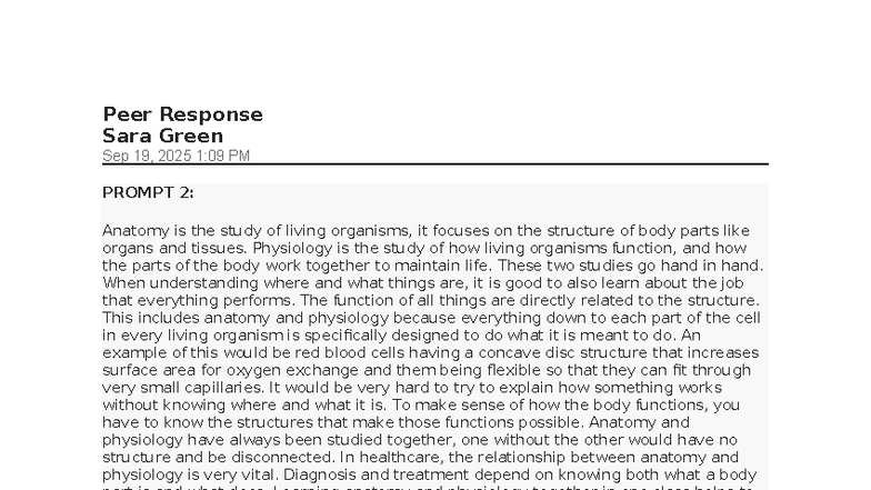 Peer Response on Anatomy and Physiology - Bio 2113 - Studocu