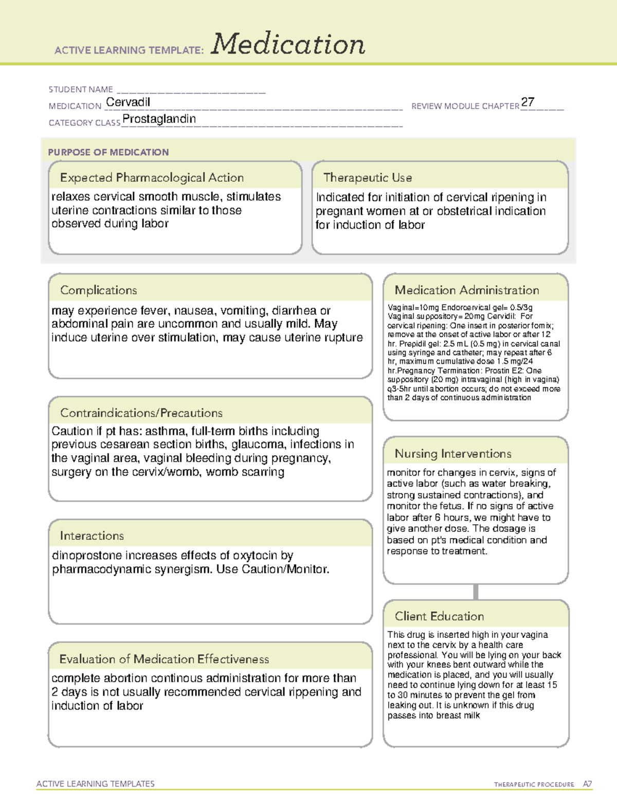 Medication Profile for Cervidil: Therapeutic Procedure A Guide - Studocu