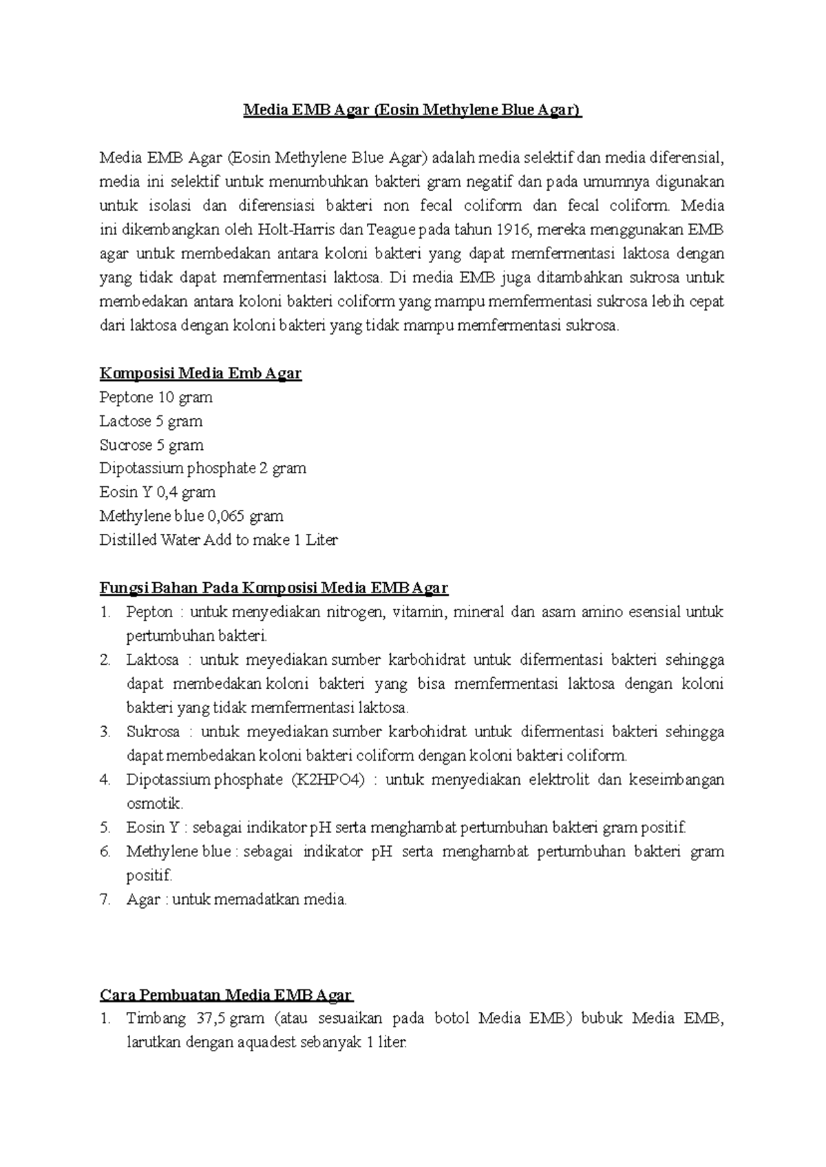 EMBA - Media EMB Agar: Komposisi, Pembuatan, dan Interpretasi - Studocu