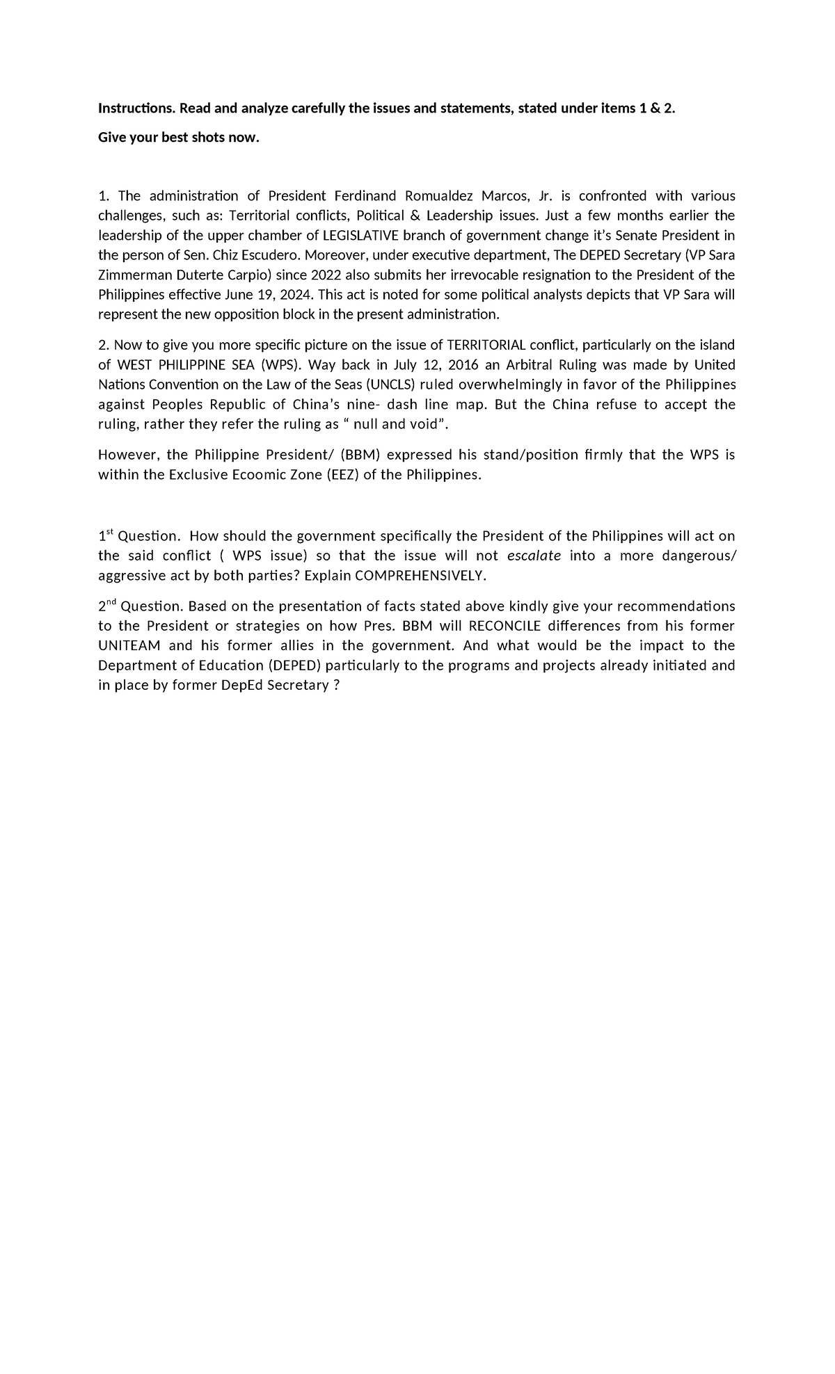 Issues Concerns - Study well. - Instructions. Read and analyze ...