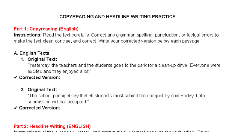 COPYREADING & HEADLINE WRITING PRACTICE (Part 1 & 2) - Studocu