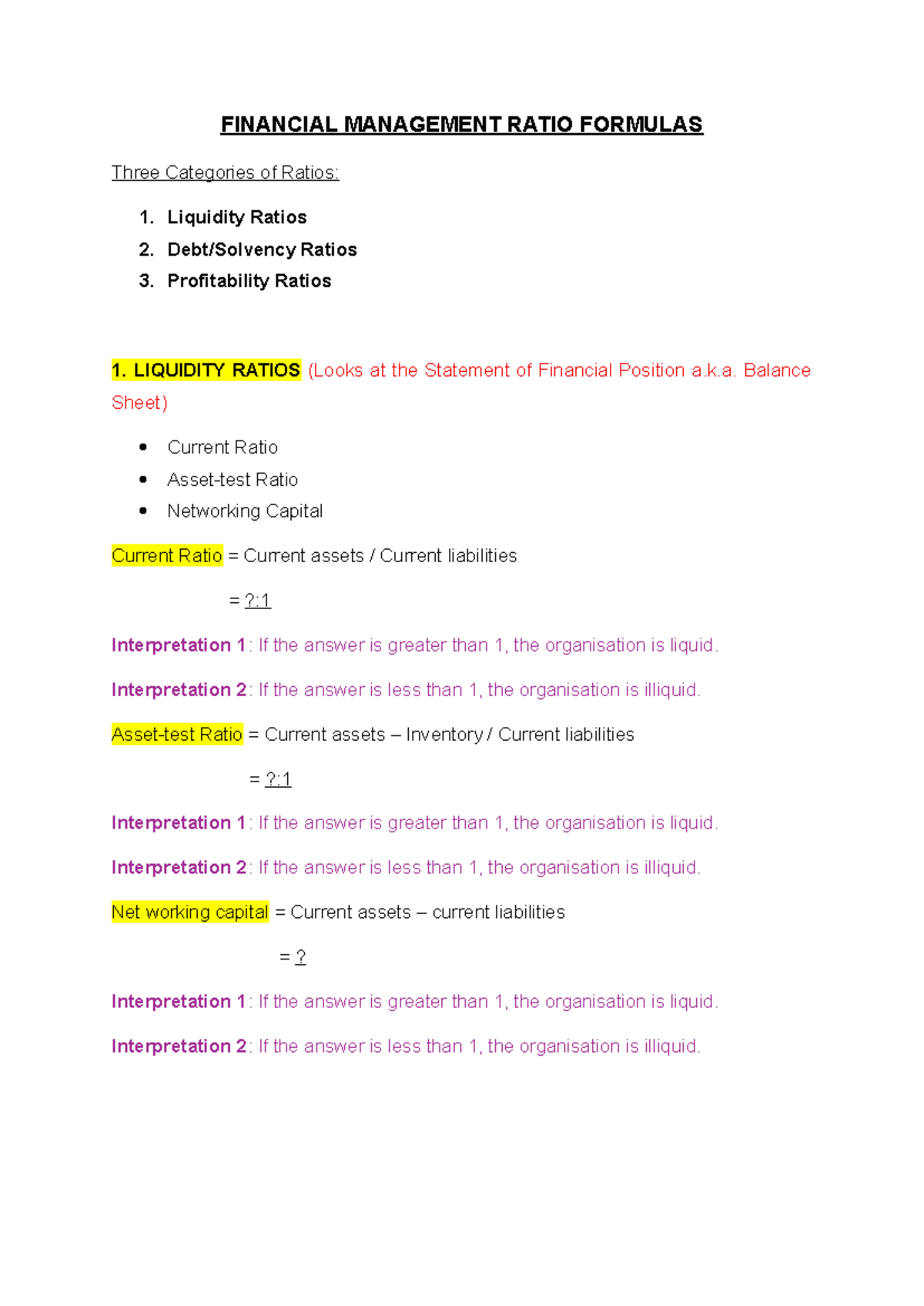 FIN 301: Financial Management Ratio Formulas and Interpretations - Studocu