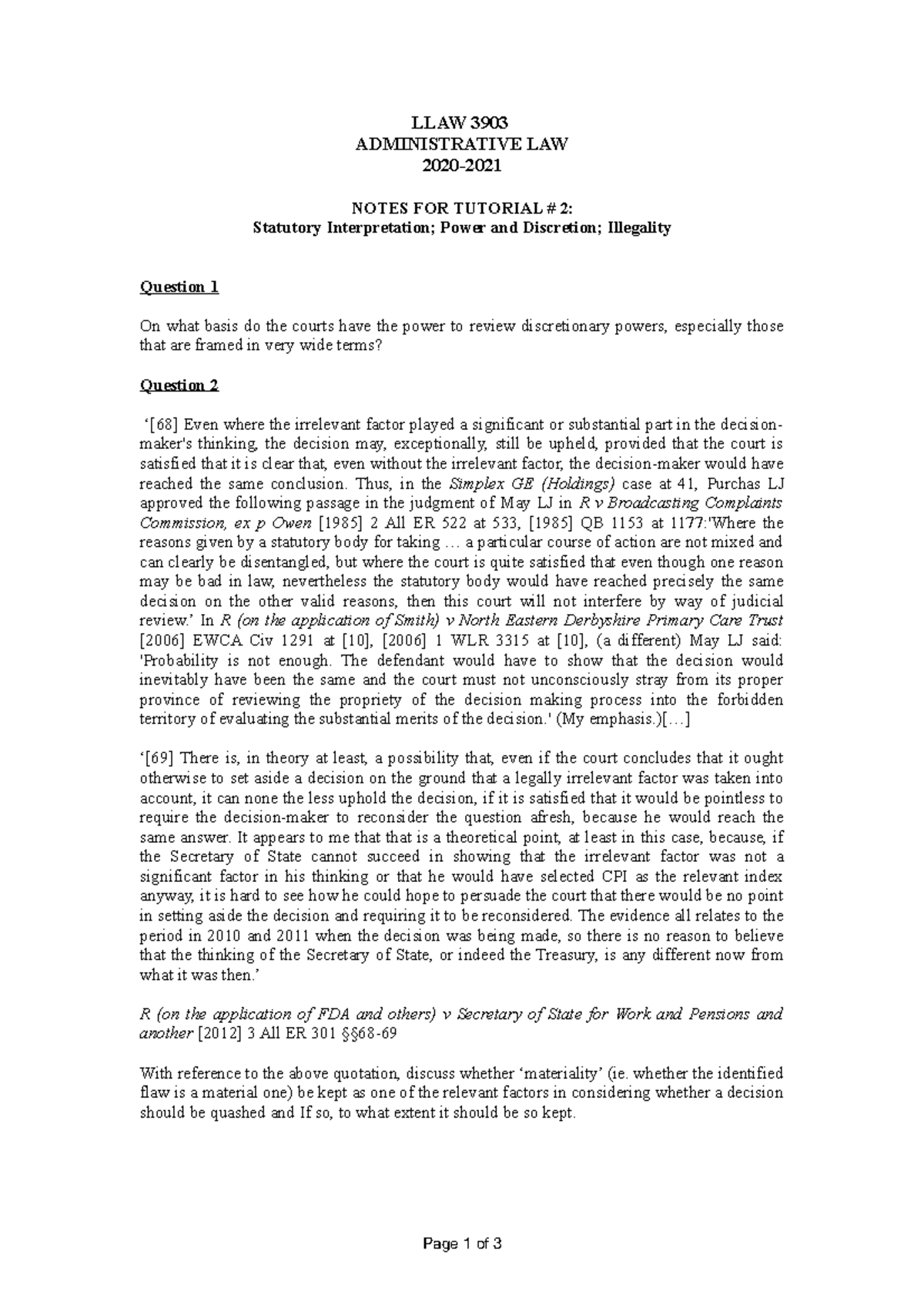 Admin T3 - Tutorial 3 Questions - LLAW 3903 ADMINISTRATIVE LAW 2020 ...