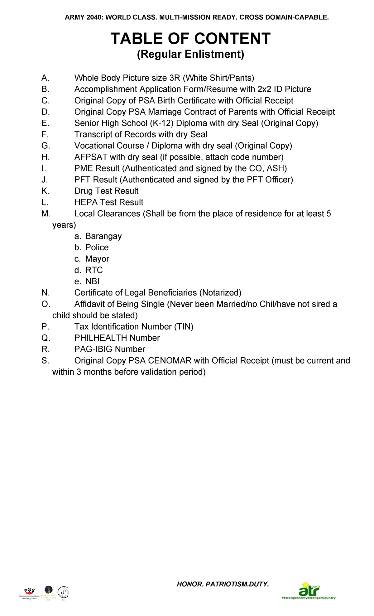 Table of Contents for ARMY 2040 Enlistment Requirements - Studocu