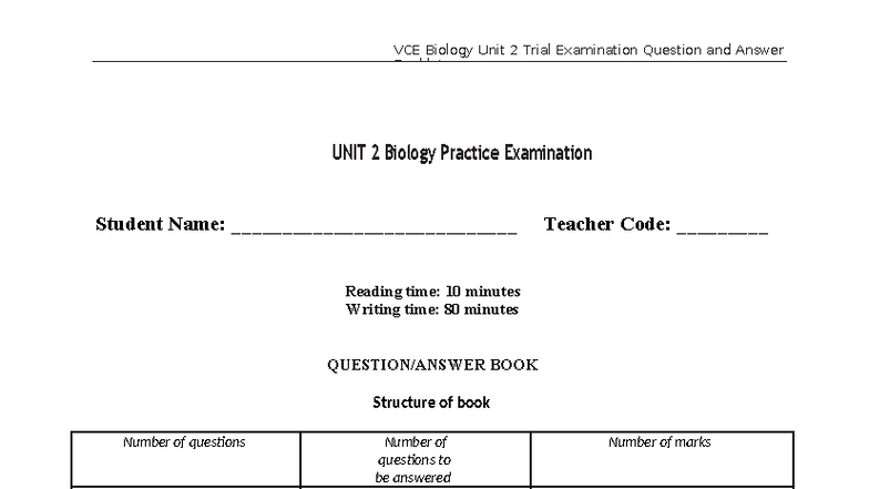 VCE Biology Unit 2 Trial Exam Q&A Booklet Solutions - Studocu