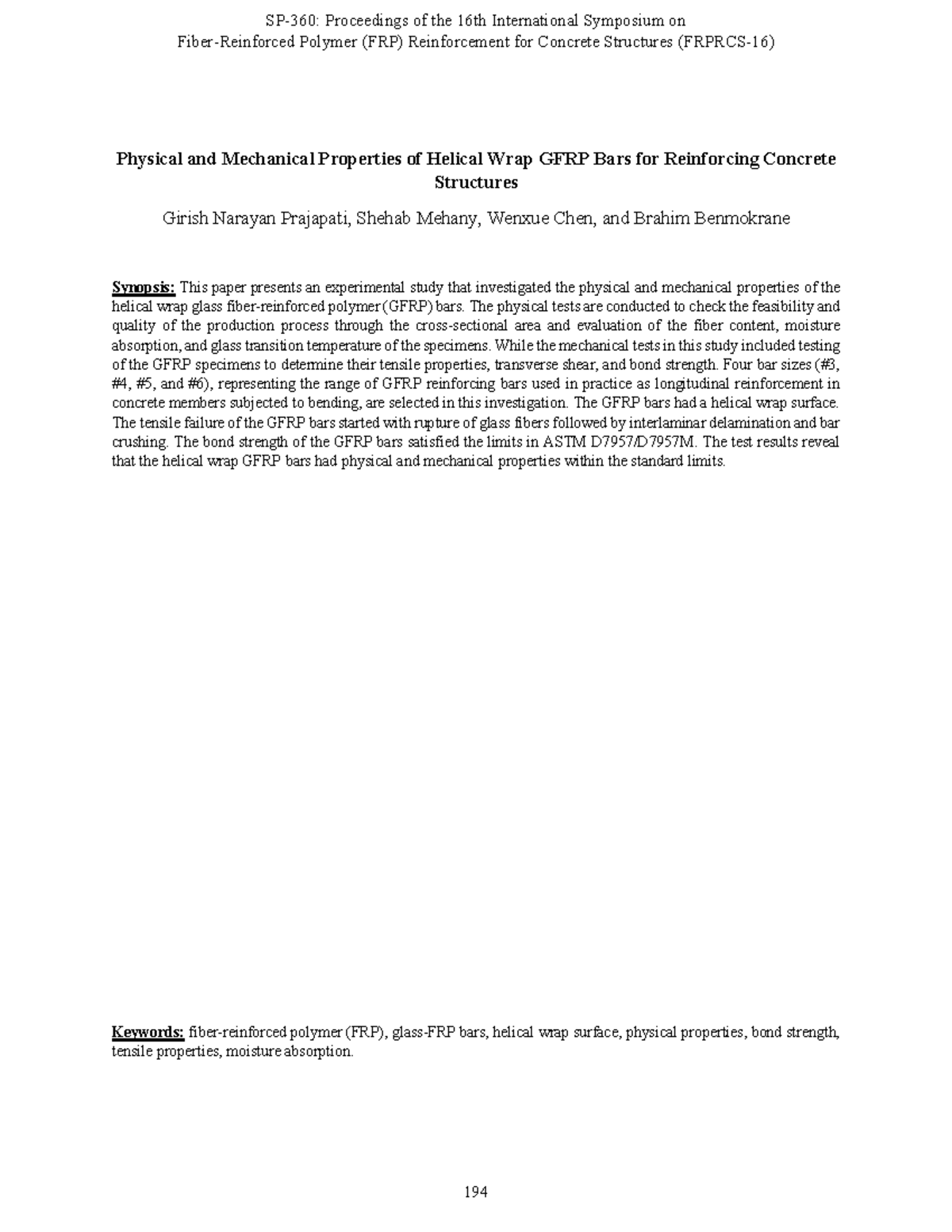SP-360 Helical Wrap GFRP Bars: Mechanical Properties for Concrete ...