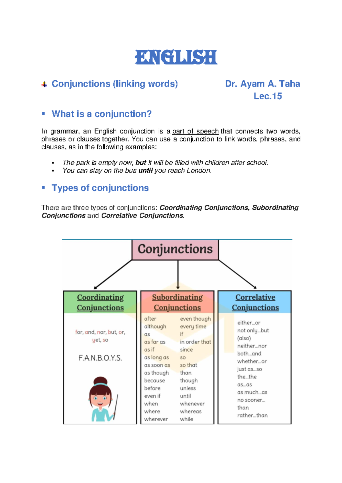 ENGL101 Lec. 15: Understanding Conjunctions and Their Types - Studocu