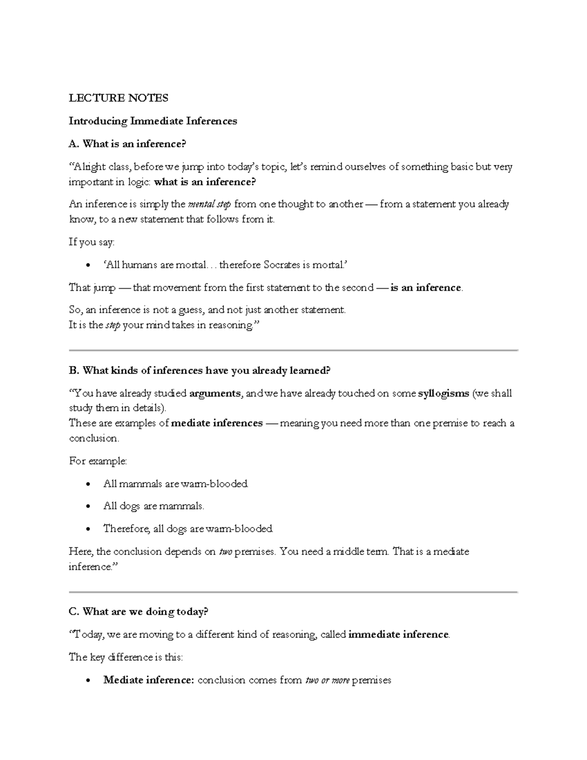 LECTURE NOTES: Understanding Immediate Inferences in Logic - Studocu