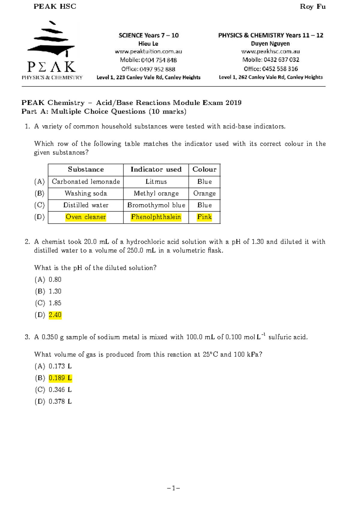 PEAK HSC Roy Fu Chemistry Reactions Module Exam 2019 Solutions ...