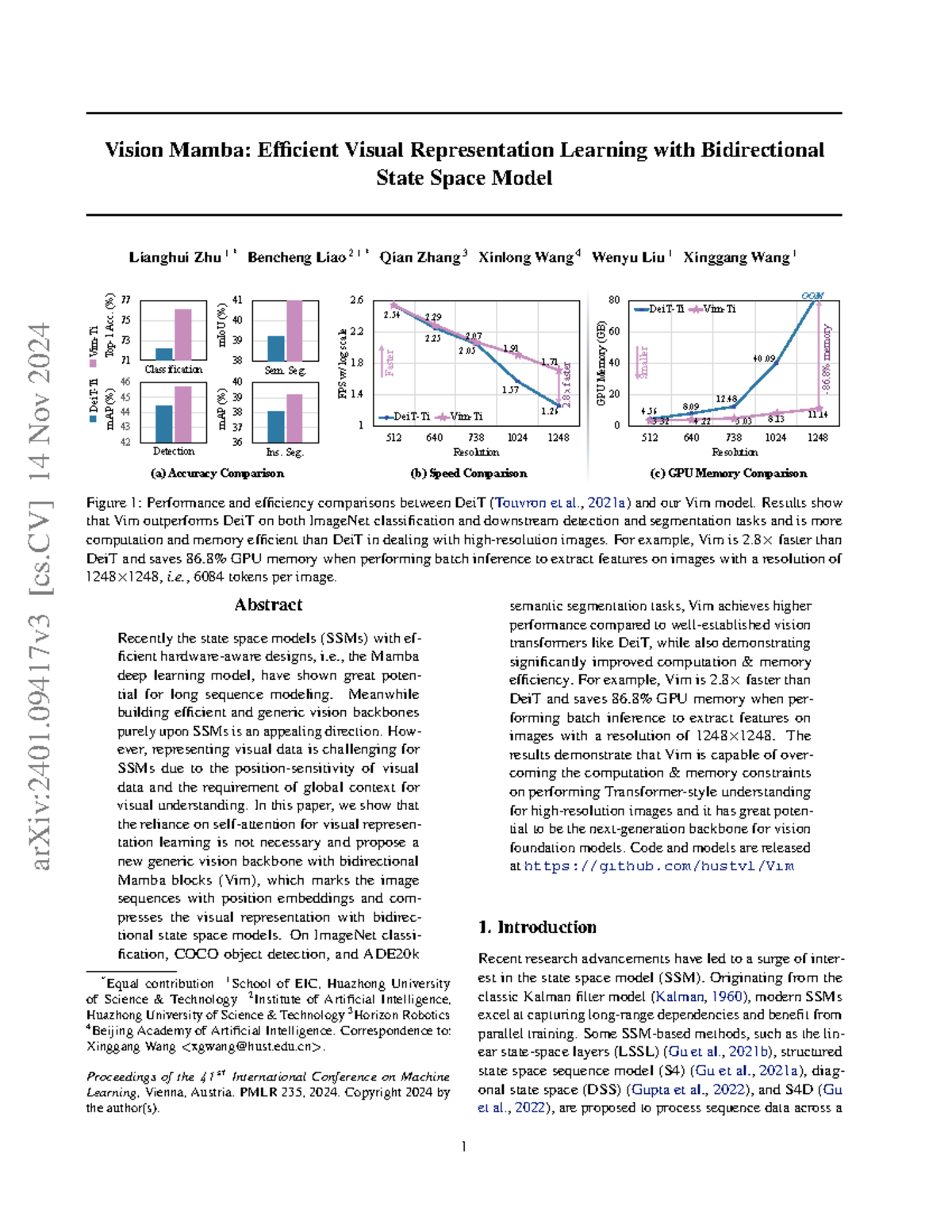 Vision Mamba (VIM): Efficient Visual Representation Learning with ...