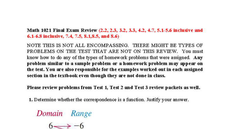 Math 1021 Final Exam Review: Key Topics and Problem Types - Studocu
