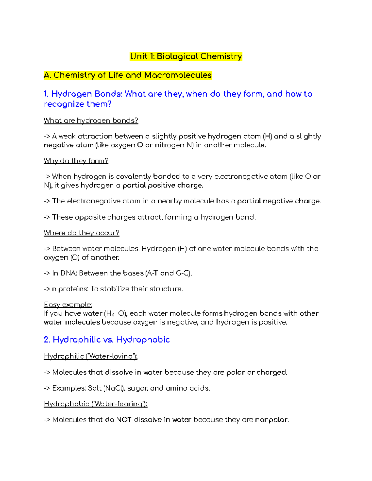 Biology 2 (Bio2) Unit 1: Biological Chemistry - Key Concepts and ...