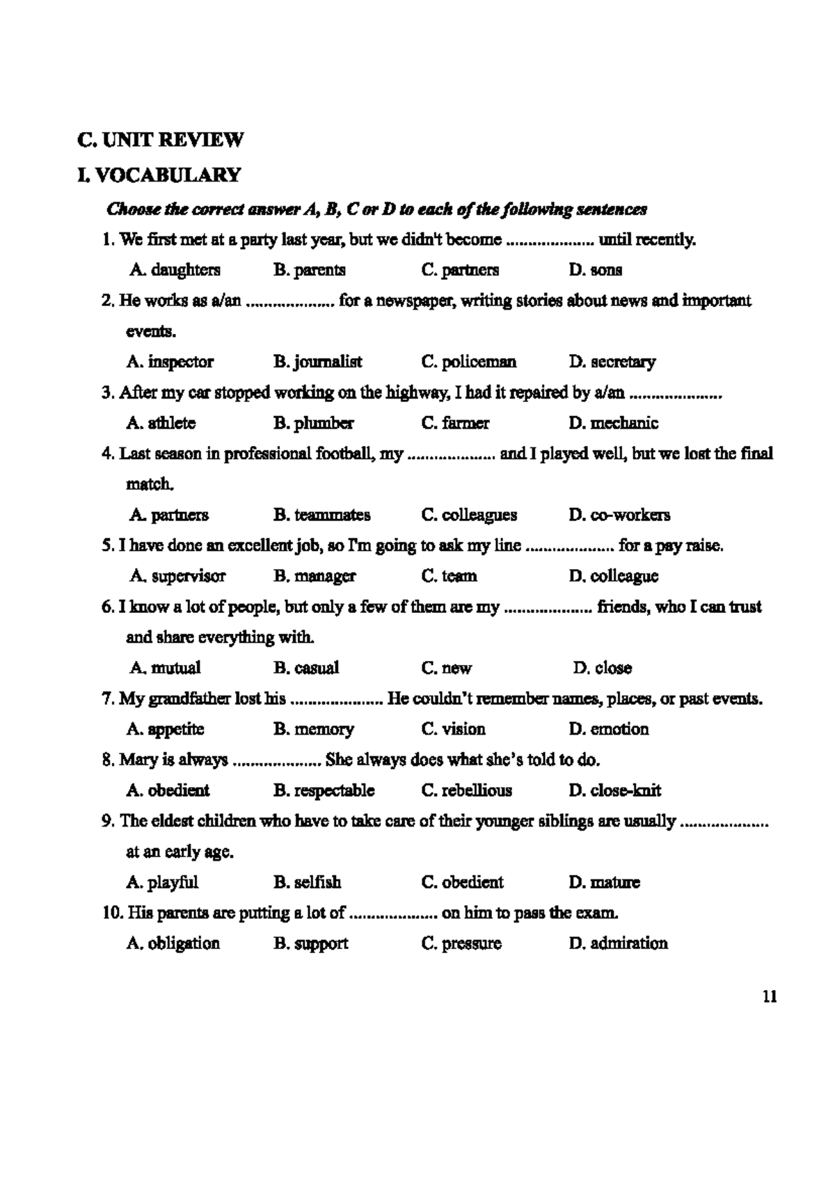 C. UNIT REVIEW I: VOCABULARY & GRAMMAR EXERCISES (RE U1 P11-21) - Studocu