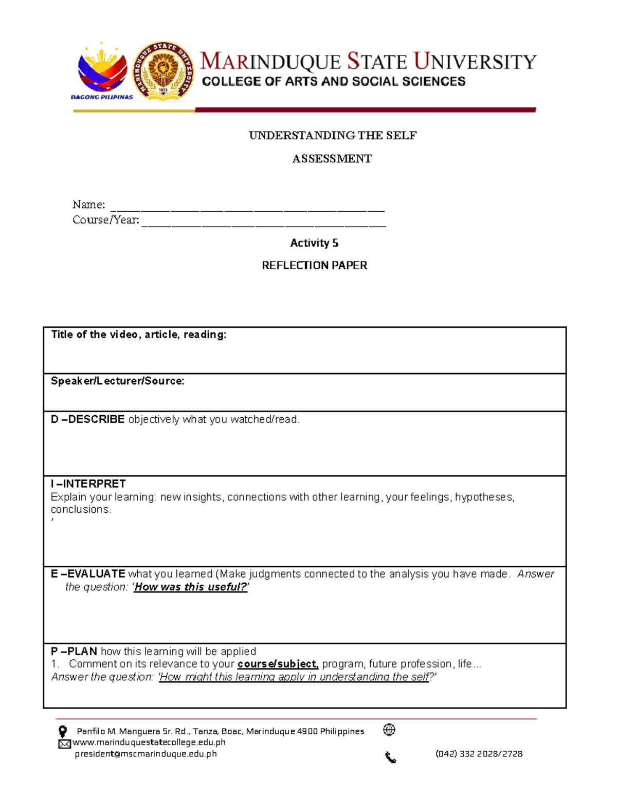 REFLECTION PAPER: UNDERSTANDING THE SELF ASSESSMENT Activity 5 - Studocu
