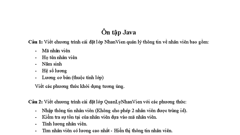 Ôn Tập Java: Quản Lý Nhân Viên và Tính Lương (Câu 1-4) - Studocu