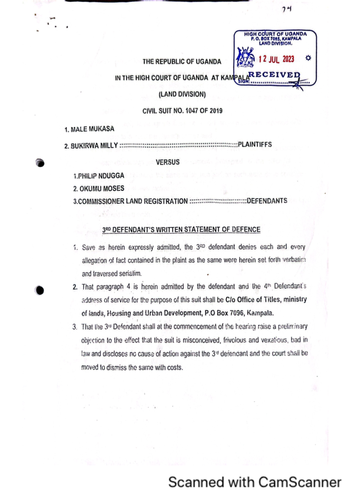 CIVIL SUIT NO. 1047 OF 2019: 3rd Defendant's Written Statement of ...