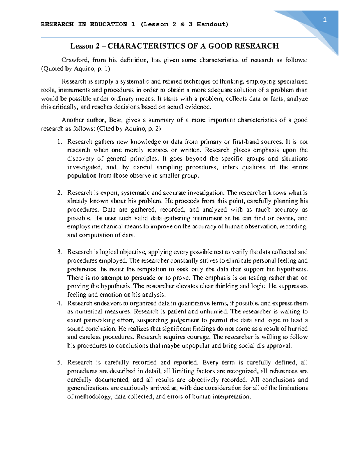 Research in Education 1: Characteristics of Good Research (Lesson 2 & 3 ...