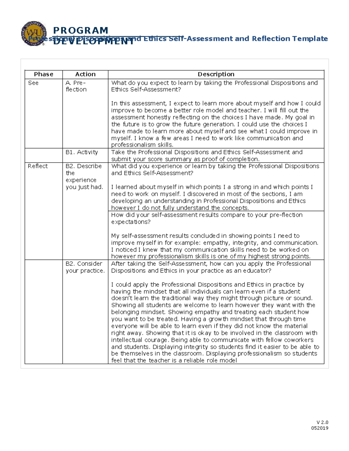 Professional Dispositions & Ethics Self-Assessment Reflection - Task 1 ...