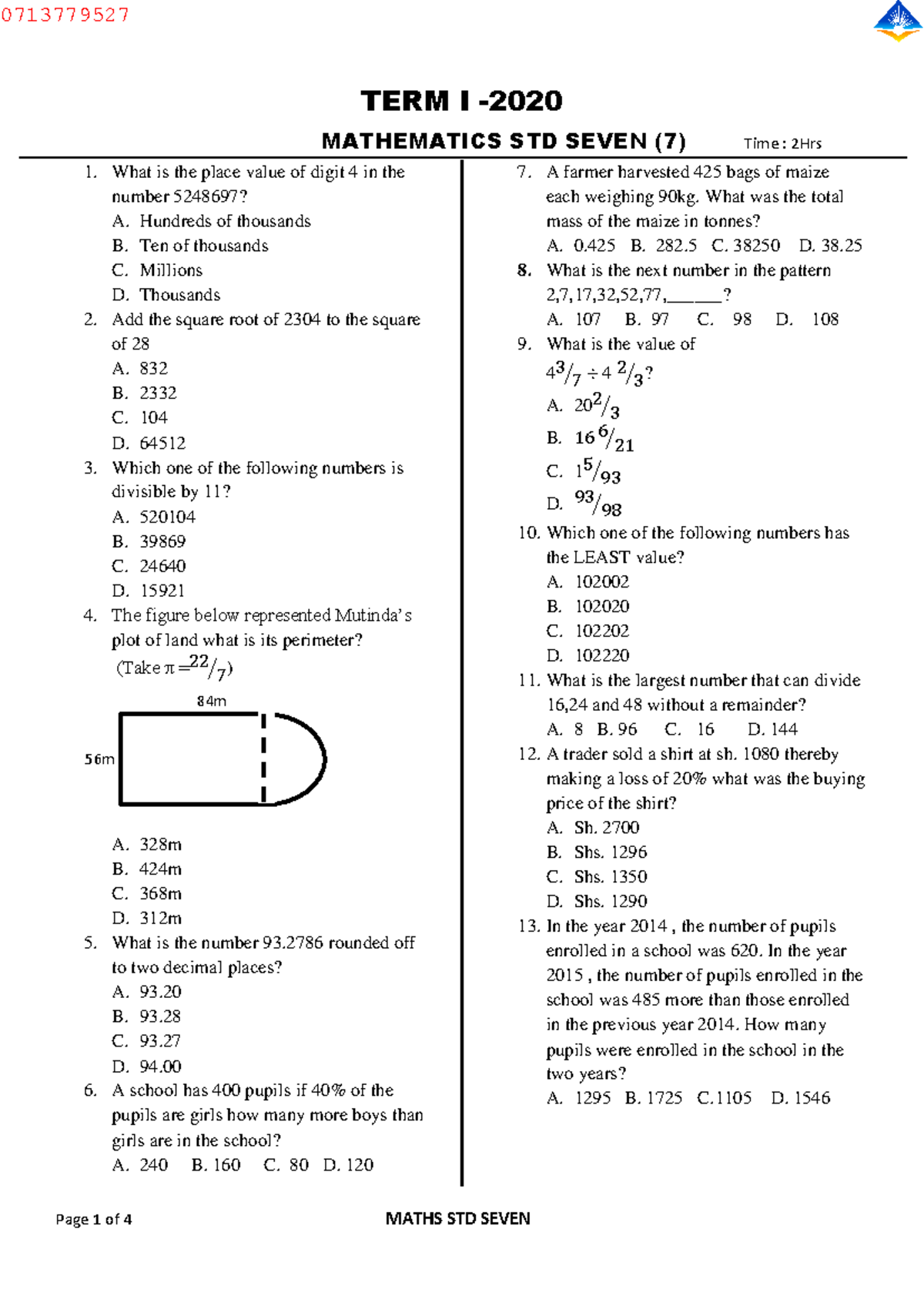 STD 7 Mathematics - Term I Exam Practice Questions and Solutions - Studocu