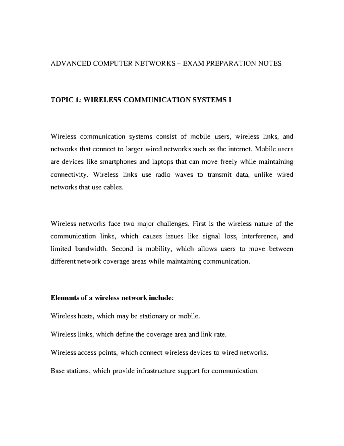 ADVANCED COMPUTER NETWORKS EXAM NOTES: WIRELESS COMMUNICATION SYSTEMS ...