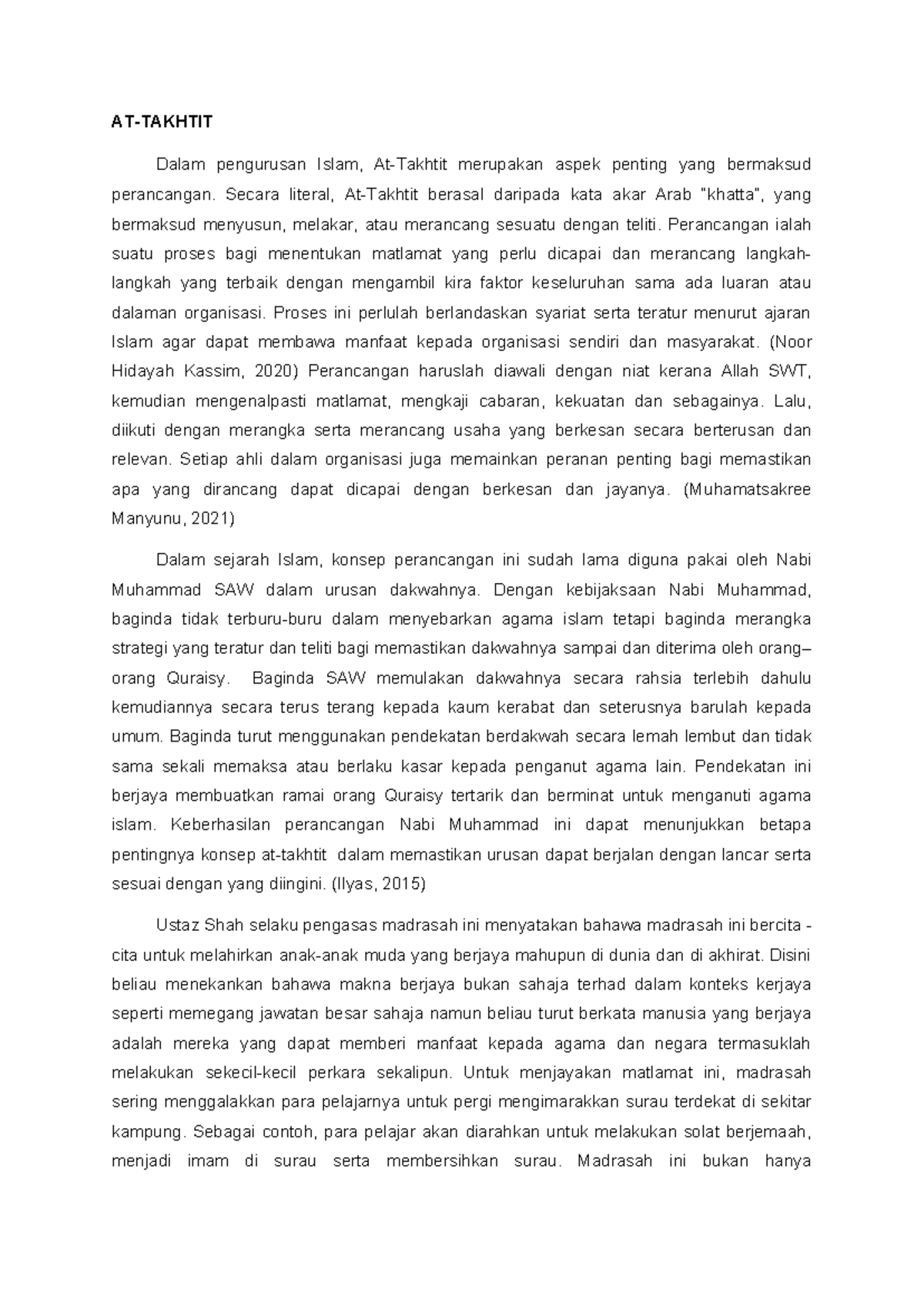 Perancangan Dalam Pengurusan Islam: Kajian Kes Madrasah AT-Takhtit ...