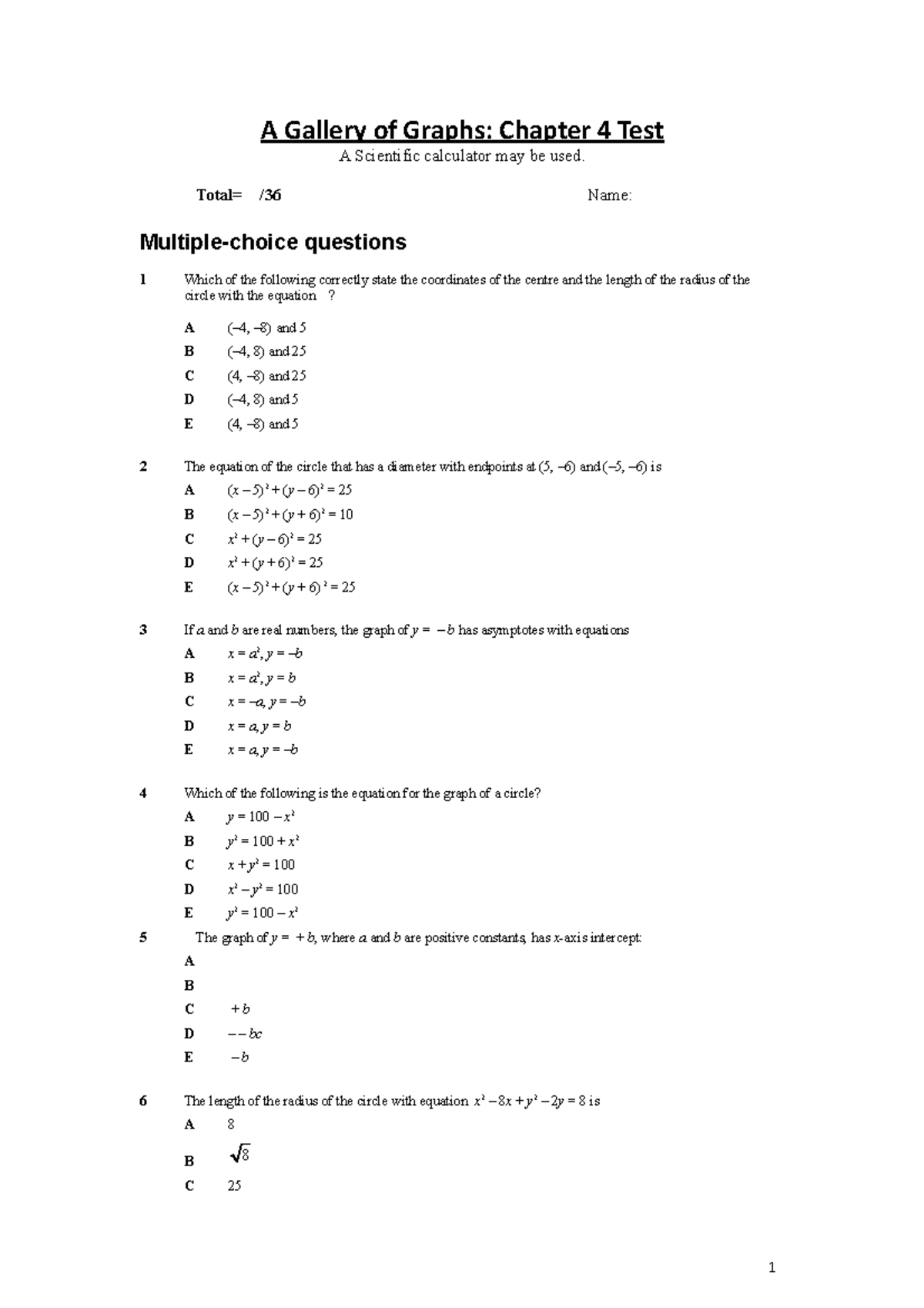 Math 2021: Gallery of Graphs Practise Test for Chapter 4 - Studocu