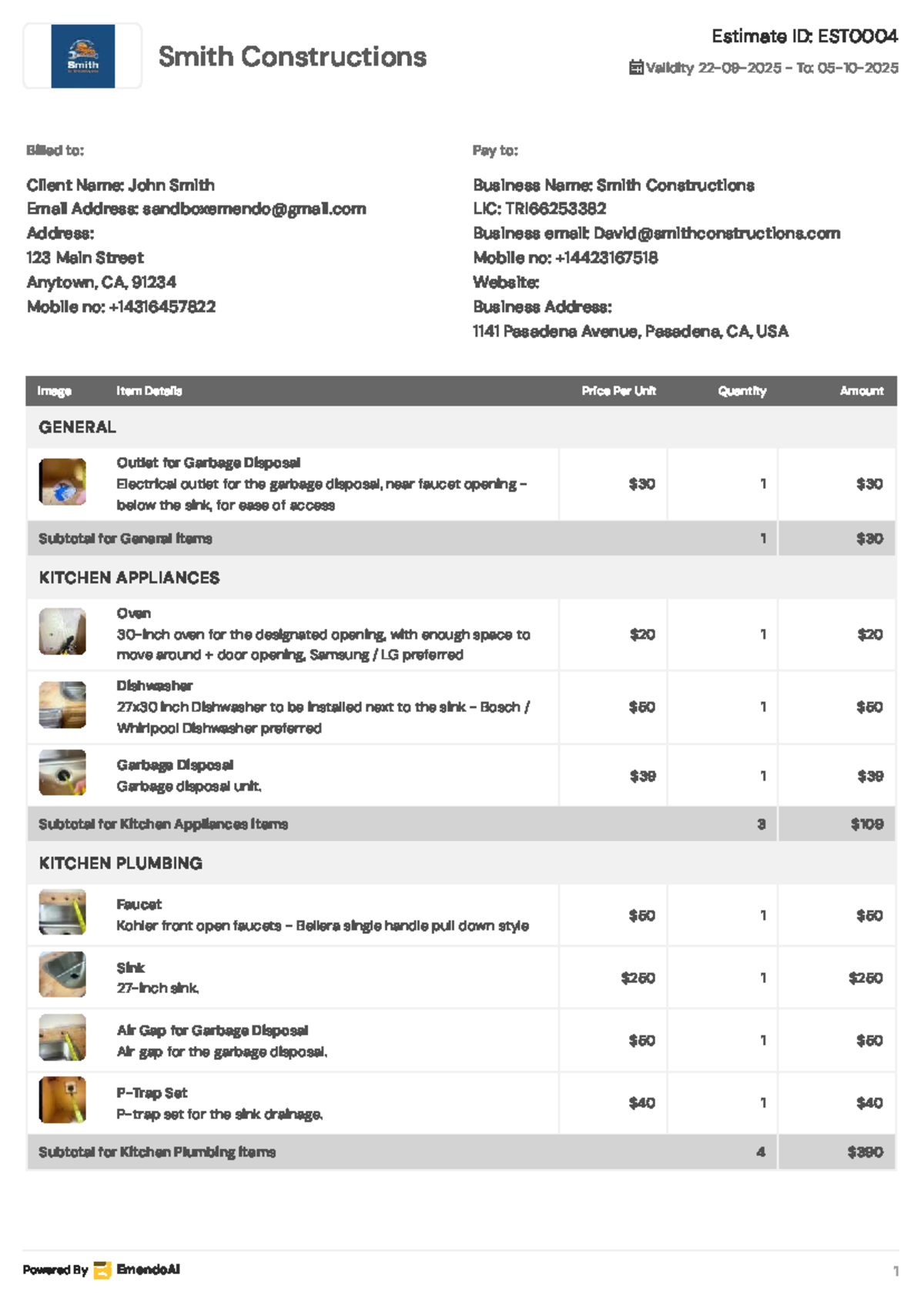Smith Constructions Estimate ID: Kitchen Appliances & Plumbing Case ...